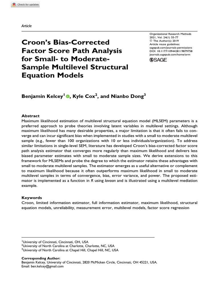 Croon's Bias-Corrected Factor Score Path Analysis For Small-To Moderate - Sample Multilevel ...