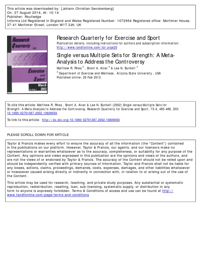 Rhea Single Versus Multiple Sets For Strength A Meta Analysis To Address The Controversy | PDF ...