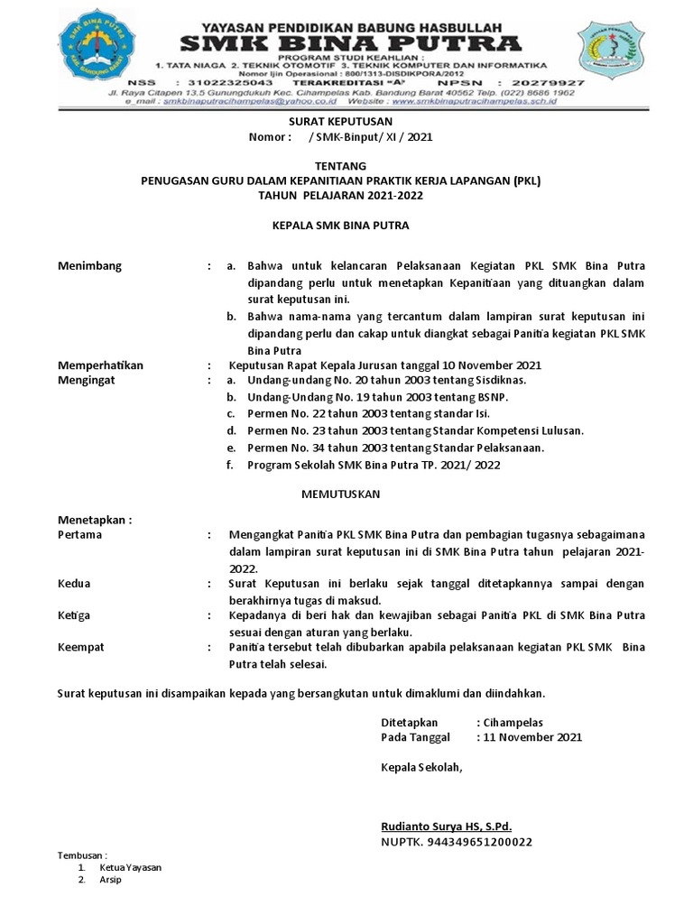 SK Panitia PKL SMK Bina Putra 2021-2022 | PDF
