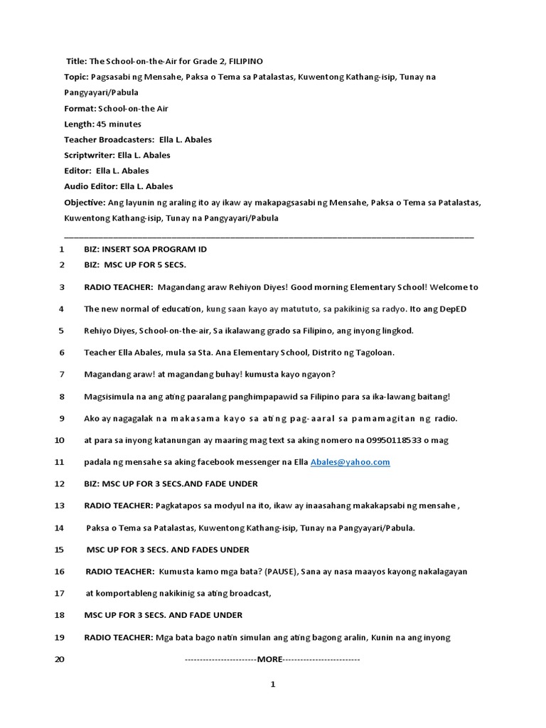 SCRIPT FIL2Nasasabi Ang Mensahe Paksa o Tema Na Nais Ipabatid Sa ...