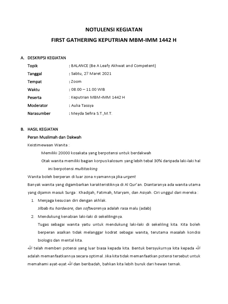 Notulensi Balance - FG Keputrian Mbm-Imm 1442 H | PDF