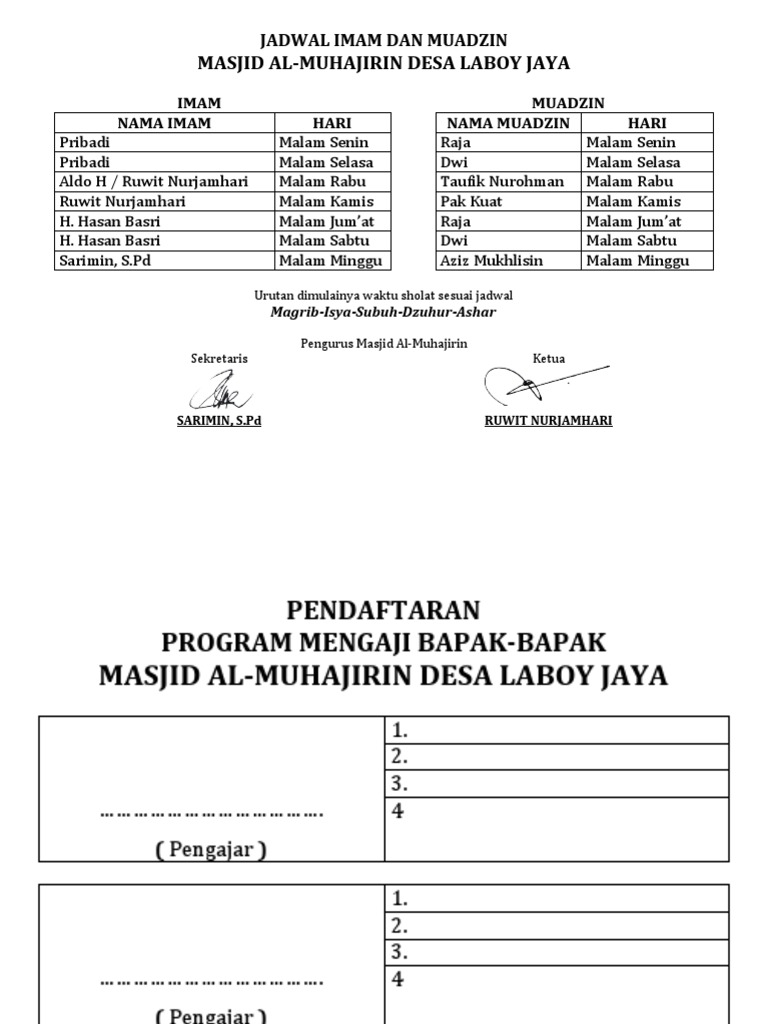 Jadwal Imam Dan Muadzin | PDF