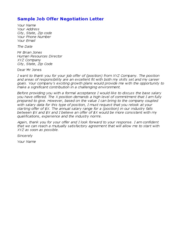 Sample Job Offer Negotiation Letter: Dear MR Jones | PDF