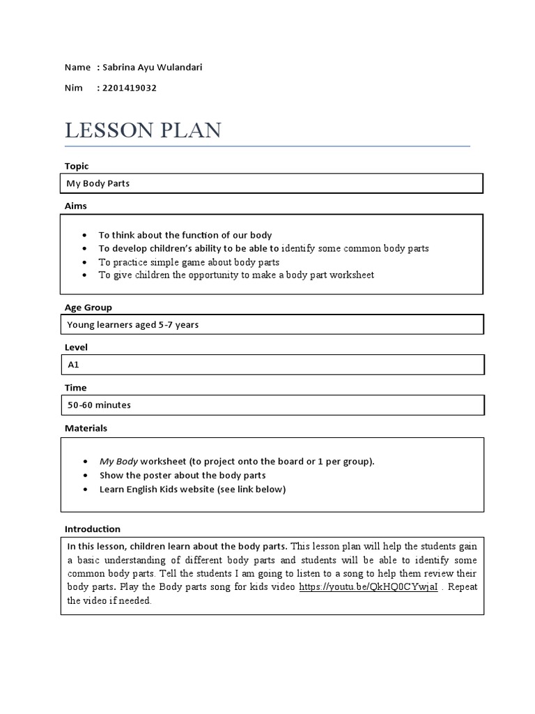 Lesson Plan My Body Parts | PDF | Lesson Plan | Education Theory