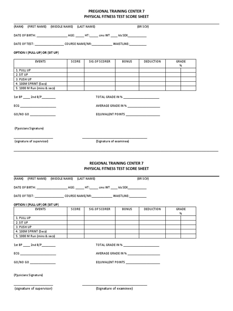 Pregional Training Center 7 Physical Fitness Test Score Sheet | PDF ...