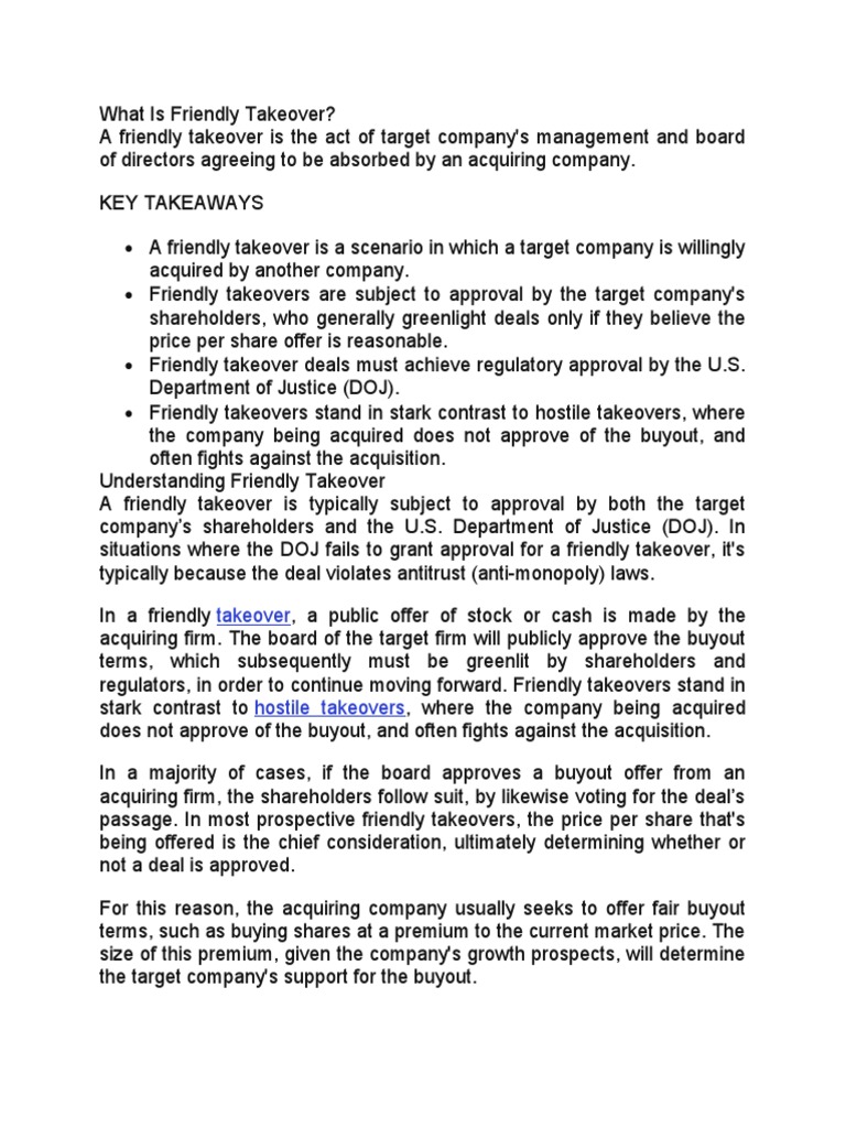 H What Is Friendly Takeover | PDF | Takeover | Mergers And Acquisitions