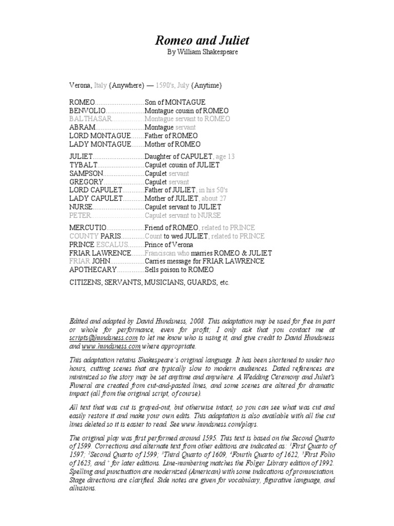 Adapted Romeo and Juliet Script | PDF | Characters In Romeo And Juliet ...