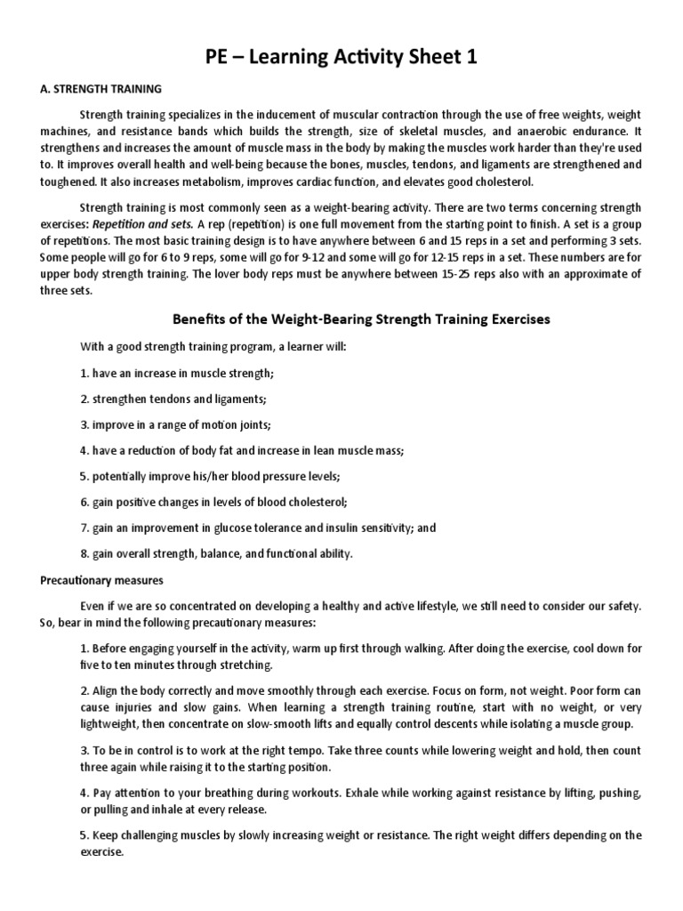 PE - Learning Activity Sheet 1: Benefits of The Weight-Bearing Strength ...