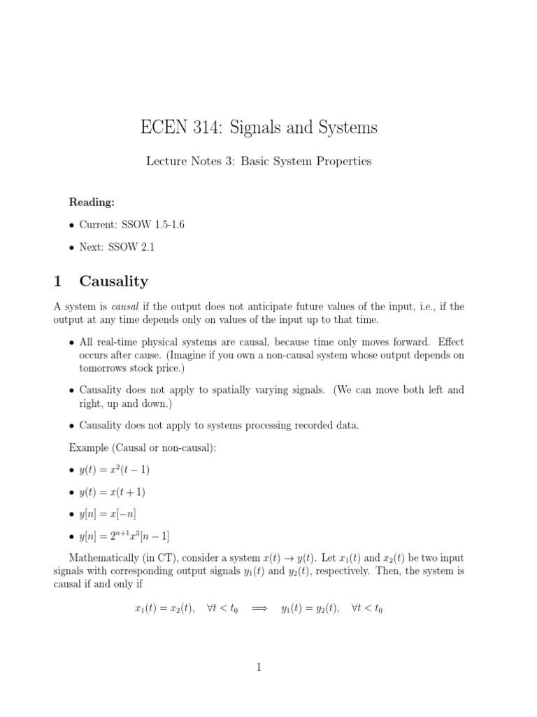 ECEN 314: Signals and Systems: 1 Causality | PDF | Linearity | Causality