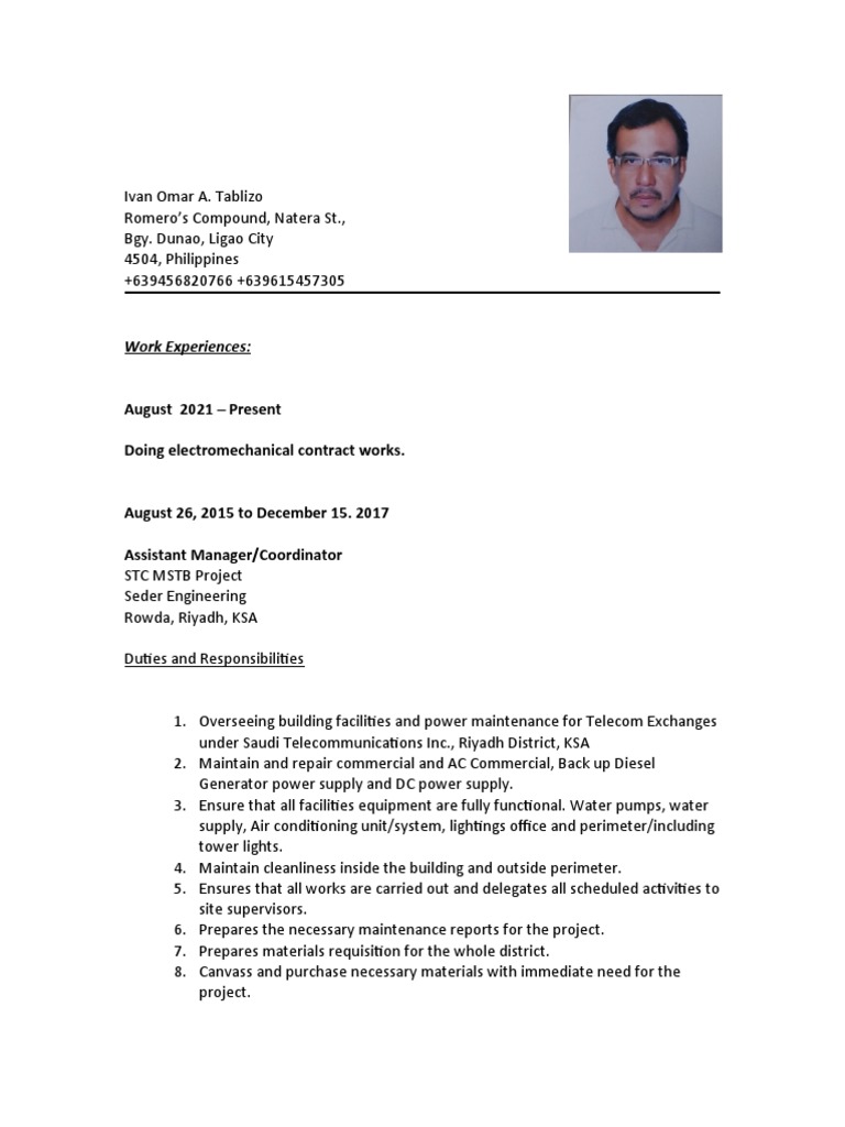 Resume Ivan Omar Tab Lizo | PDF | Power Supply | Electric Generator