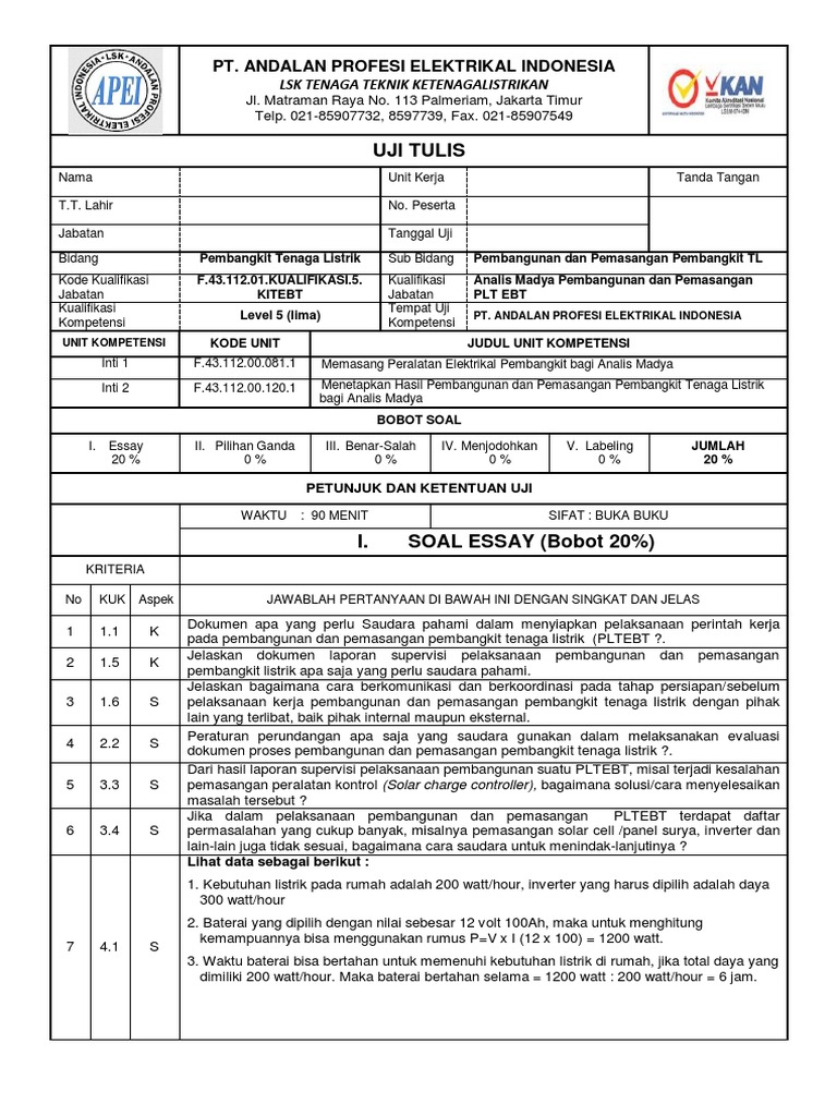 Soal Bangsang PLT EBT Level 5 Elektrikal | PDF
