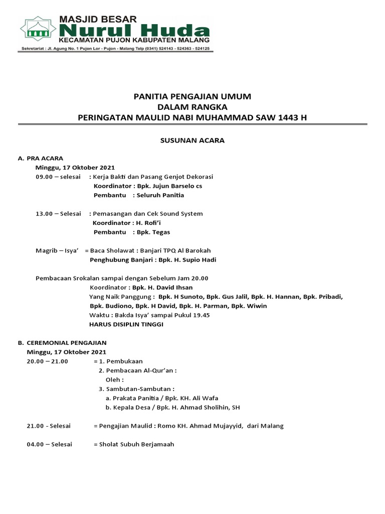 Susunan Acara Maulid Nabi 1443 H | PDF | Agama & Spiritualitas