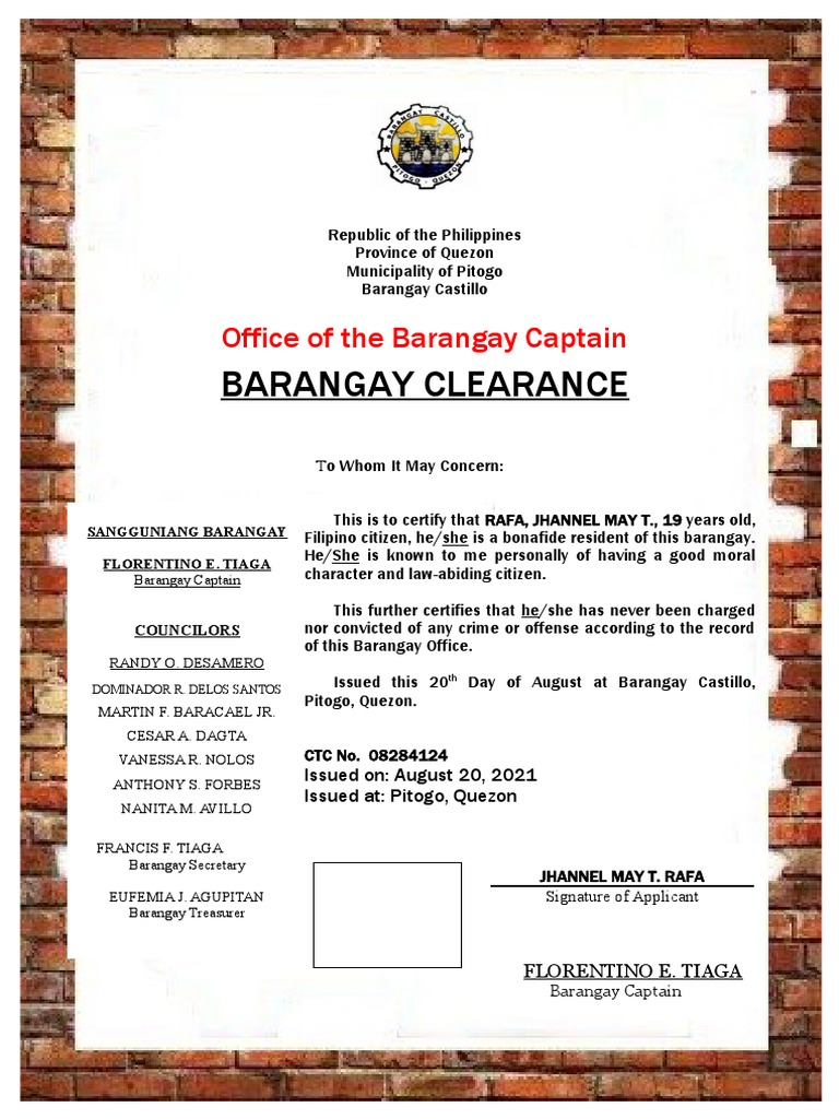 Barangay Clearance For Work Immersion | PDF