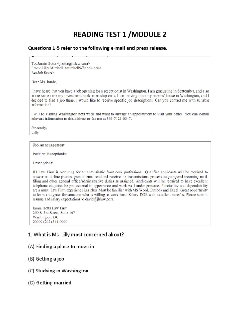 Reading Test 1 /module 2: Questions 1-5 Refer To The Following E-Mail ...