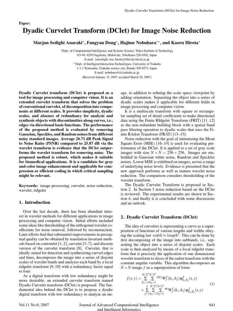 Dyadic Curvelet Transform (Dclet) For Image Noise Reduction | PDF ...