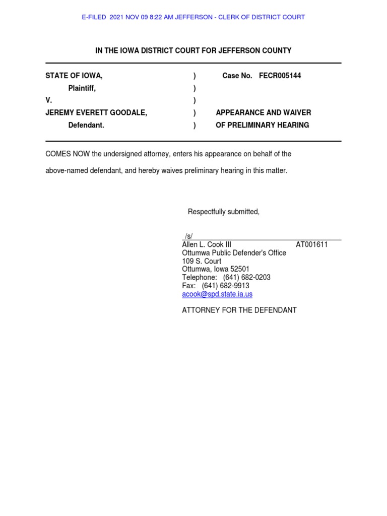 Appearance Waiver GOODALE5144 | PDF