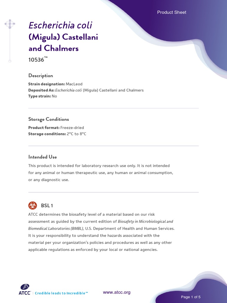 Product Sheet - Escherichia Coli (Migula) Castellani and Chalmers | PDF ...