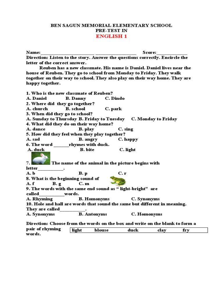Pre Test - English 1 | PDF | Linguistics