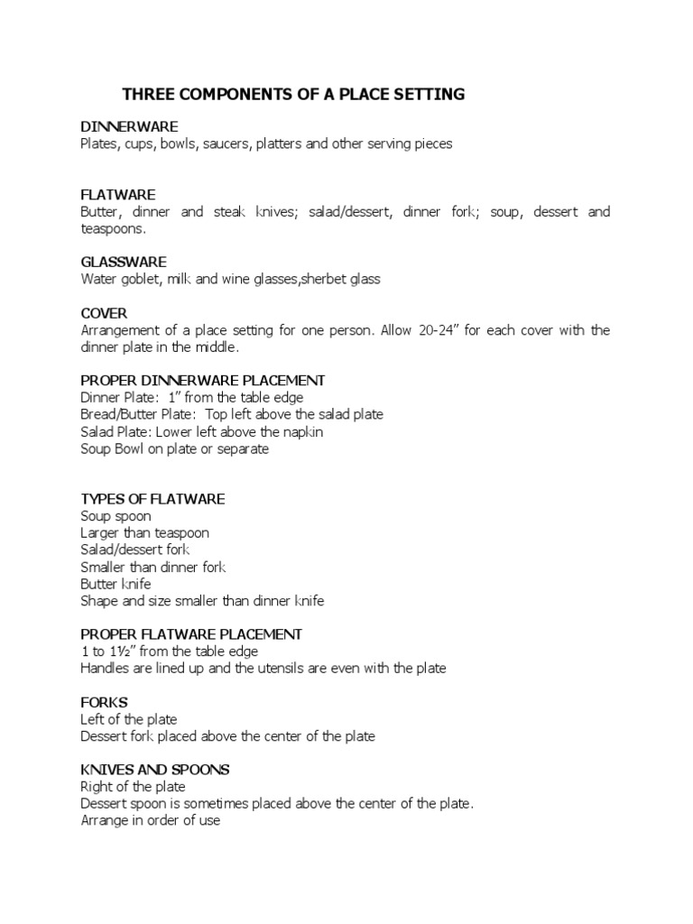 Proper Table Setting Guide | PDF | Cooking, Food & Wine | Home & Garden