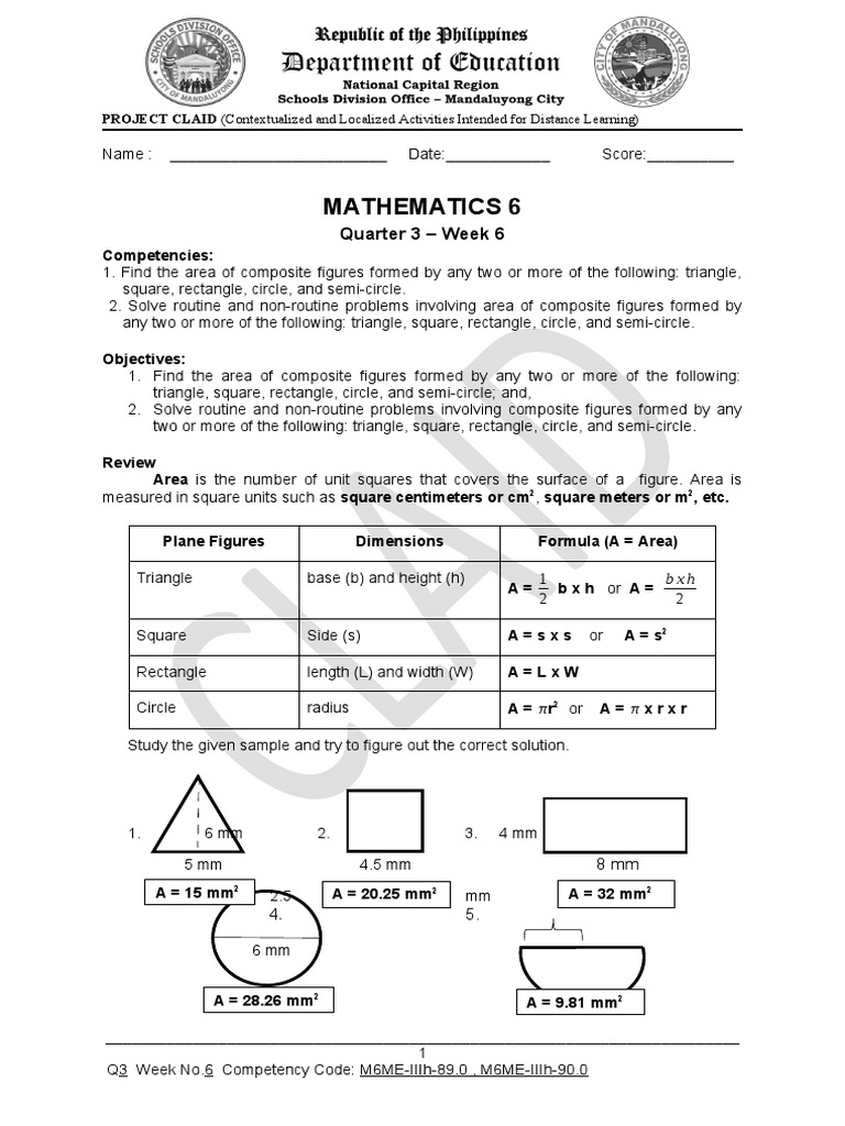 Mathematics 6: Quarter 3 - Week 6 | PDF | Area | Geometry