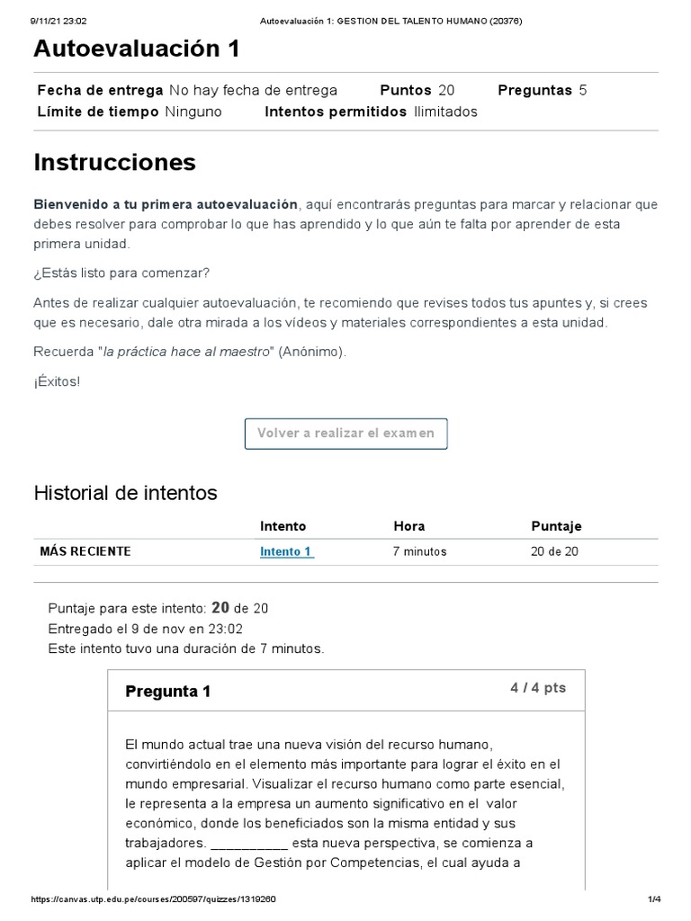 Autoevaluación 1 - Gestion Del Talento Humano (20376) | PDF | Gestión ...