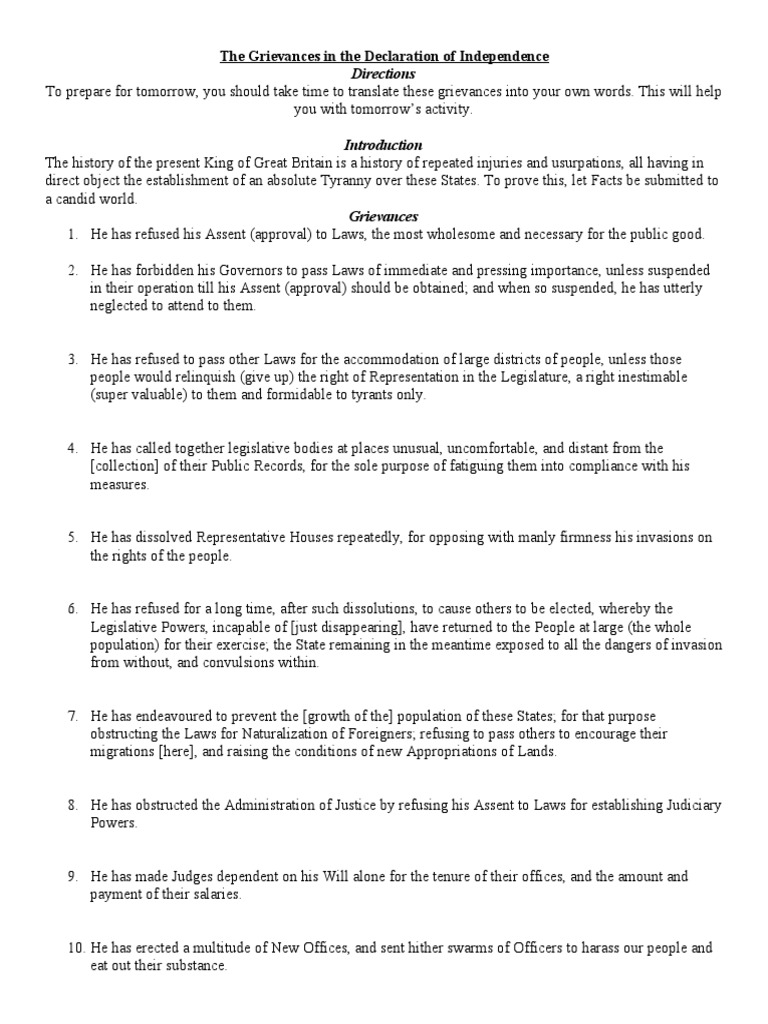 The Grievances in The Declaration of Independence: Directions | PDF ...