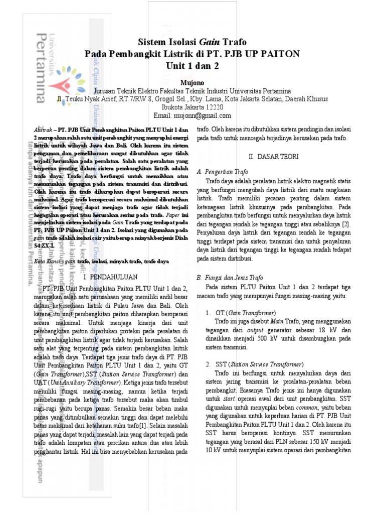 Sistem Isolasi Gain Trafo Pada Pembangkit Listrik Di PT. PJB UP PAITON ...