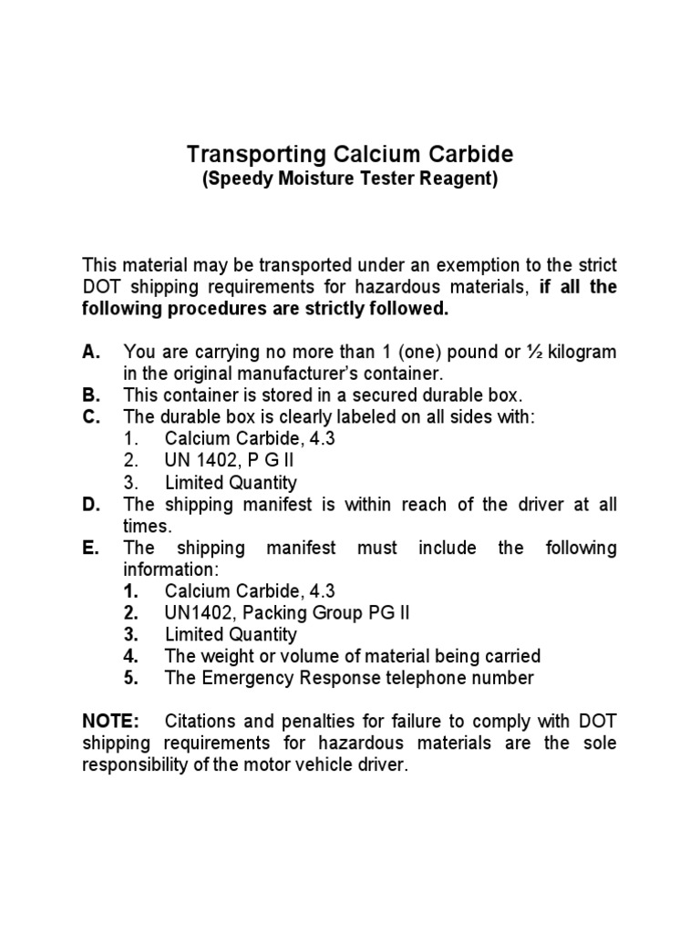 Transporting Calcium Carbide: (Speedy Moisture Tester Reagent) | PDF ...
