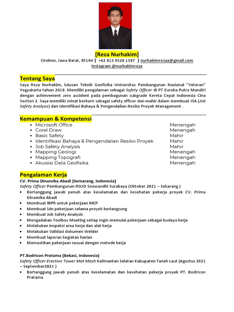 CV Safety Officer Reza Nurhakim | PDF | Seni