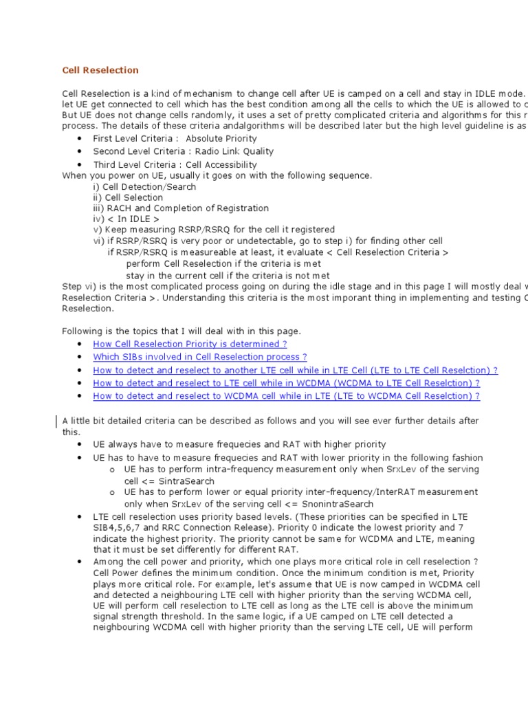 Cell Reselection LTE | PDF | Lte (Telecommunication) | Frequency
