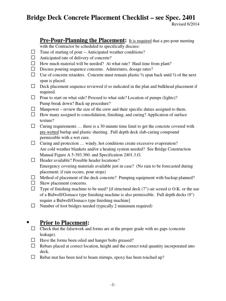 Bridge Deck Concrete Placement Checklist - See Spec. 2401: Pre-Pour ...