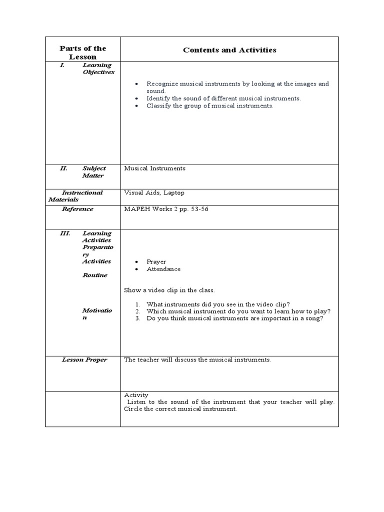 Lesson Plan Musical Instrument | PDF