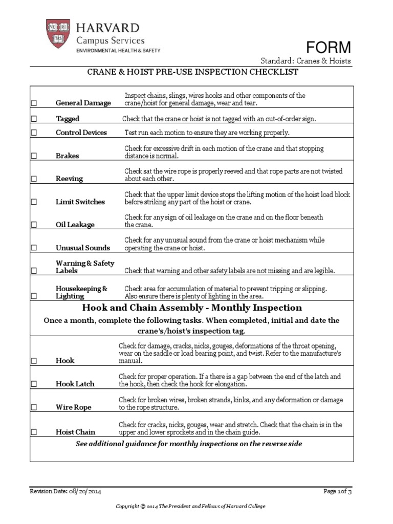 Crane & Hoist Pre-Use Inspection Checklist: Hook and Chain Assembly ...