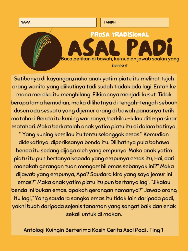 Latihan Prosa Tradisional - Asal Padi | PDF