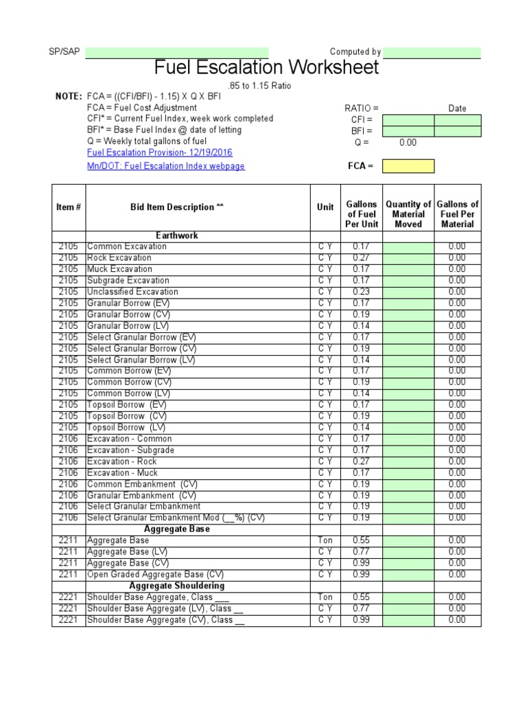 Fuel Escalation Worksheet | PDF | Road Surface | Building Materials