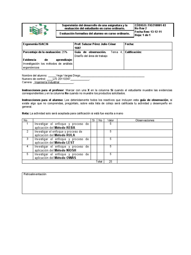 Métodos Reba Rula Lest Y Owas Pdf Evaluación Ingeniería