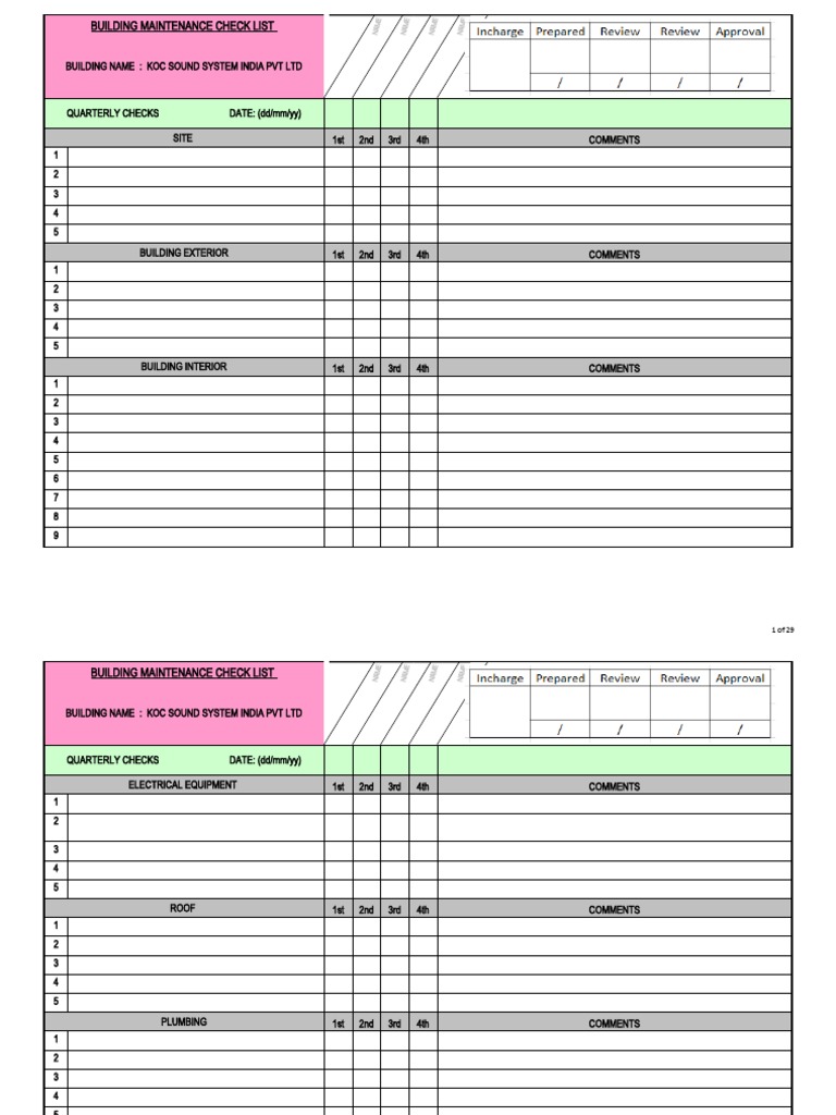 Building Maintenance Checklist Template | PDF | Basement | Stairs
