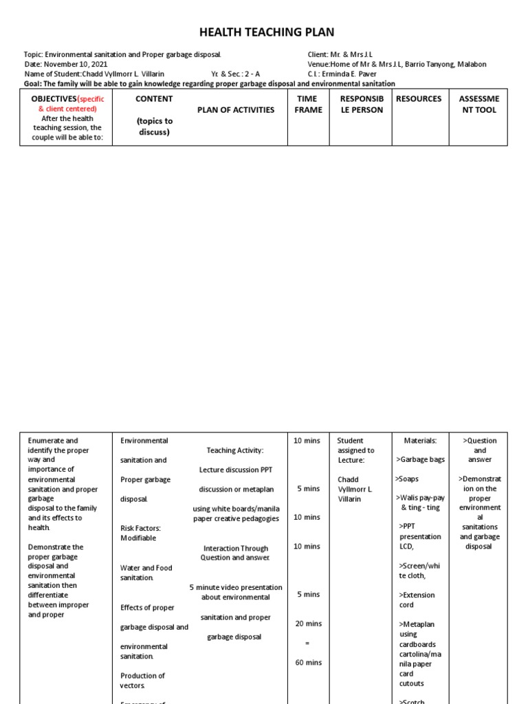 Health Teaching Plan Form | Download Free PDF | Sanitation | Public Health