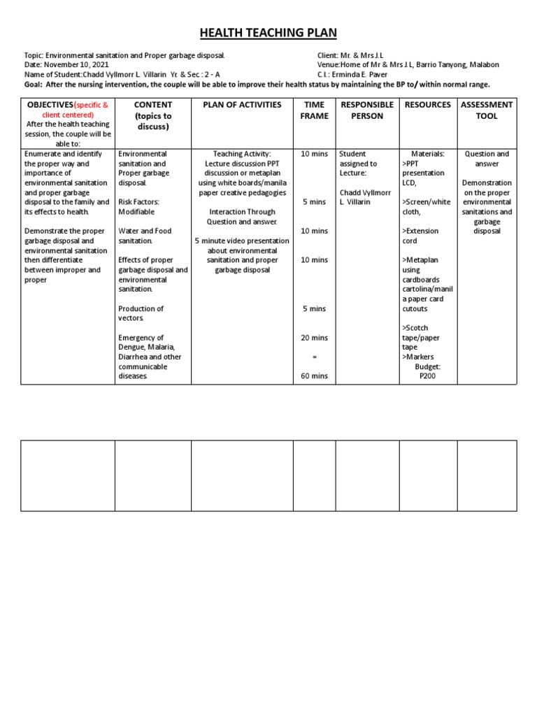 Health Teaching Plan Form | PDF | Sanitation | Health Care