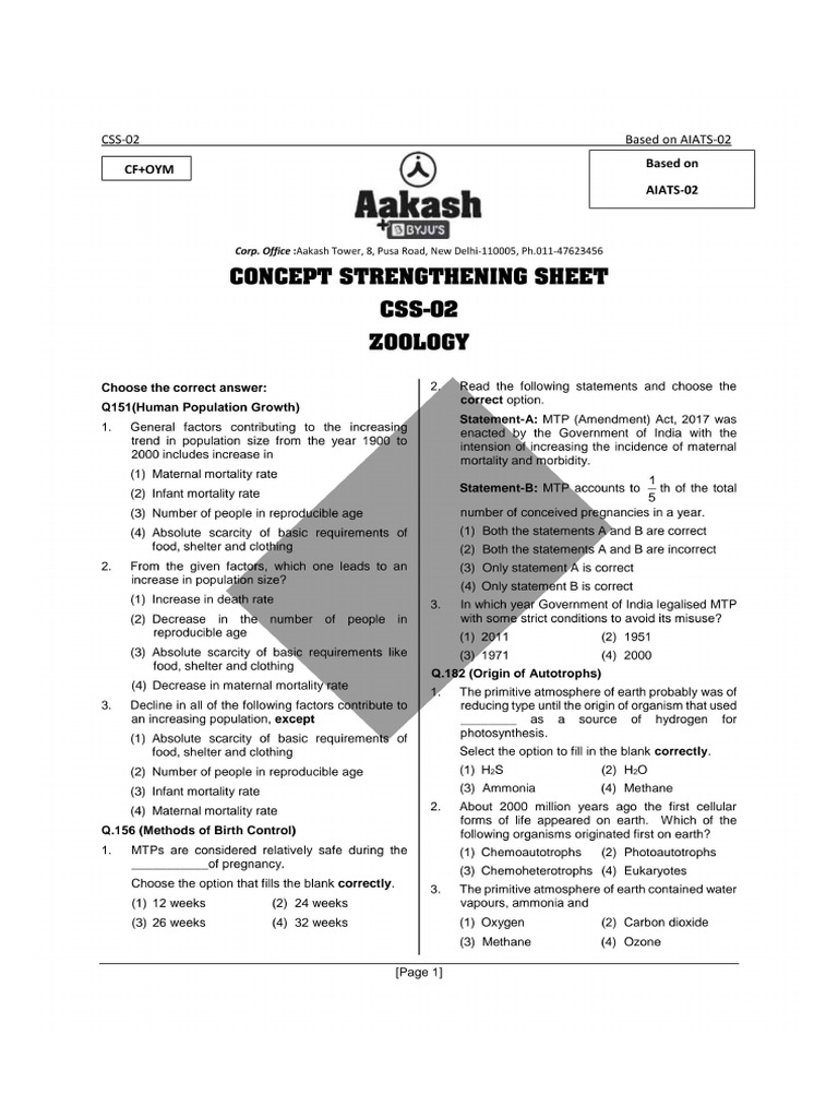 Concept Strengthening Sheet (CSS-02) Based On AIATS-02 (CF - OYM) - Zoology | PDF