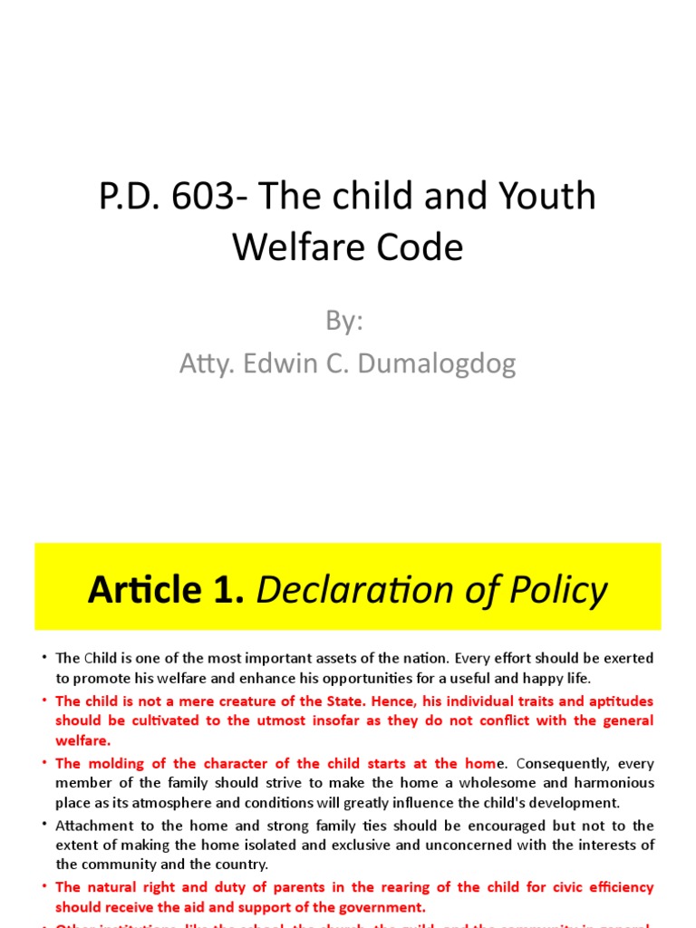Overview of P.D. 603: Youth Welfare Code | PDF | Parent | Relationships