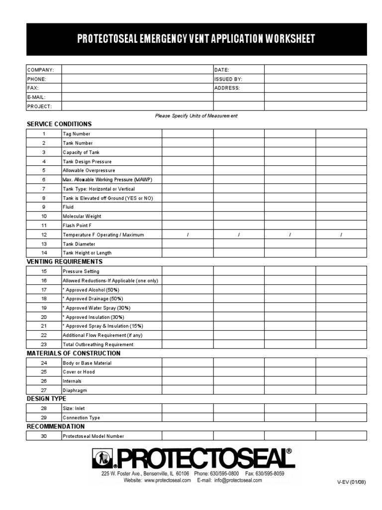 Protectoseal Emergency Vent Application Worksheet: Service Conditions | PDF