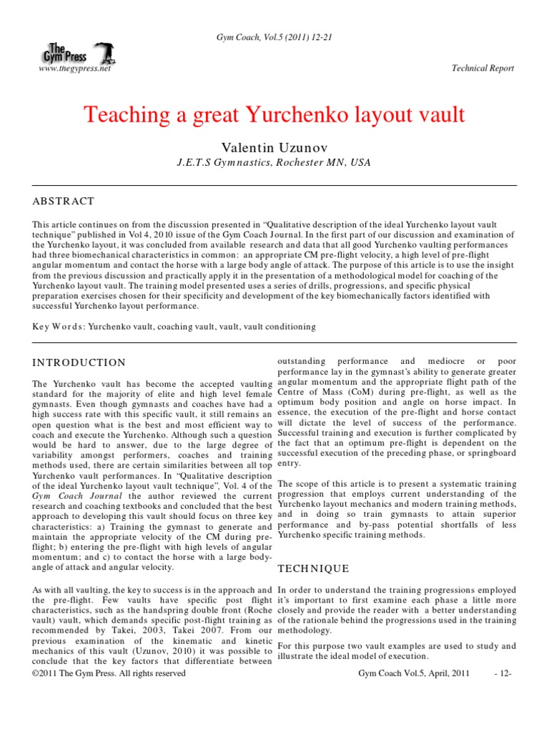 Teaching Great Yurchenko Layout Vaults | PDF | Gymnastics | Anatomical ...
