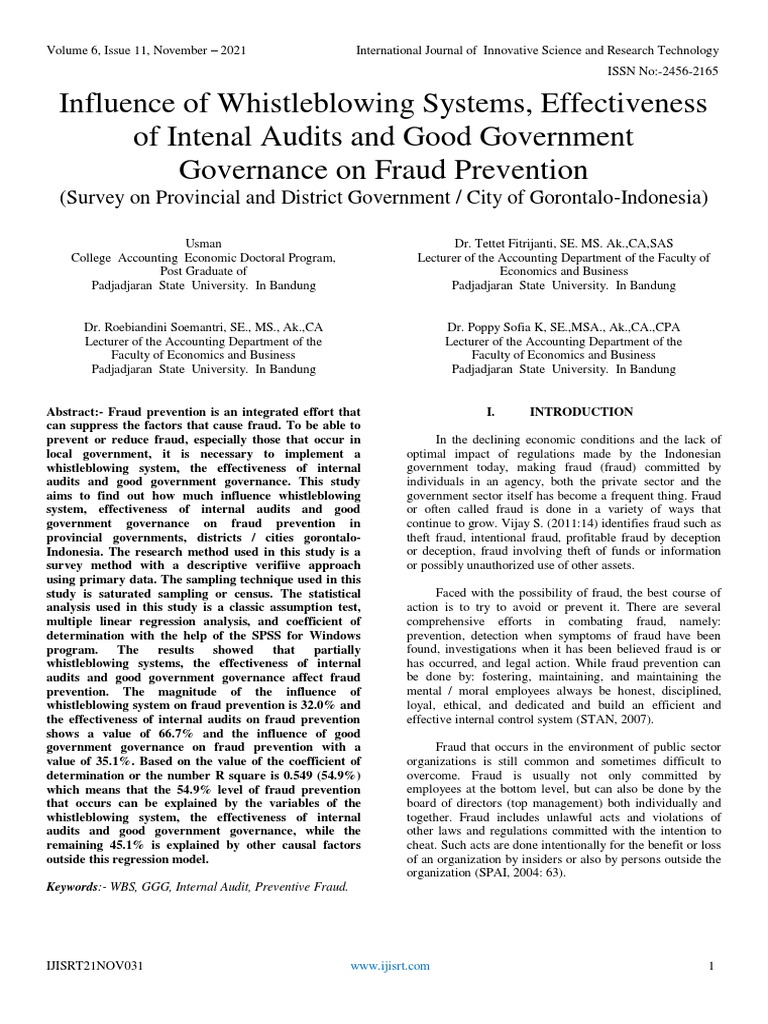 Influence of Whistleblowing Systems, Effectiveness of Intenal Audits and Good Government ...