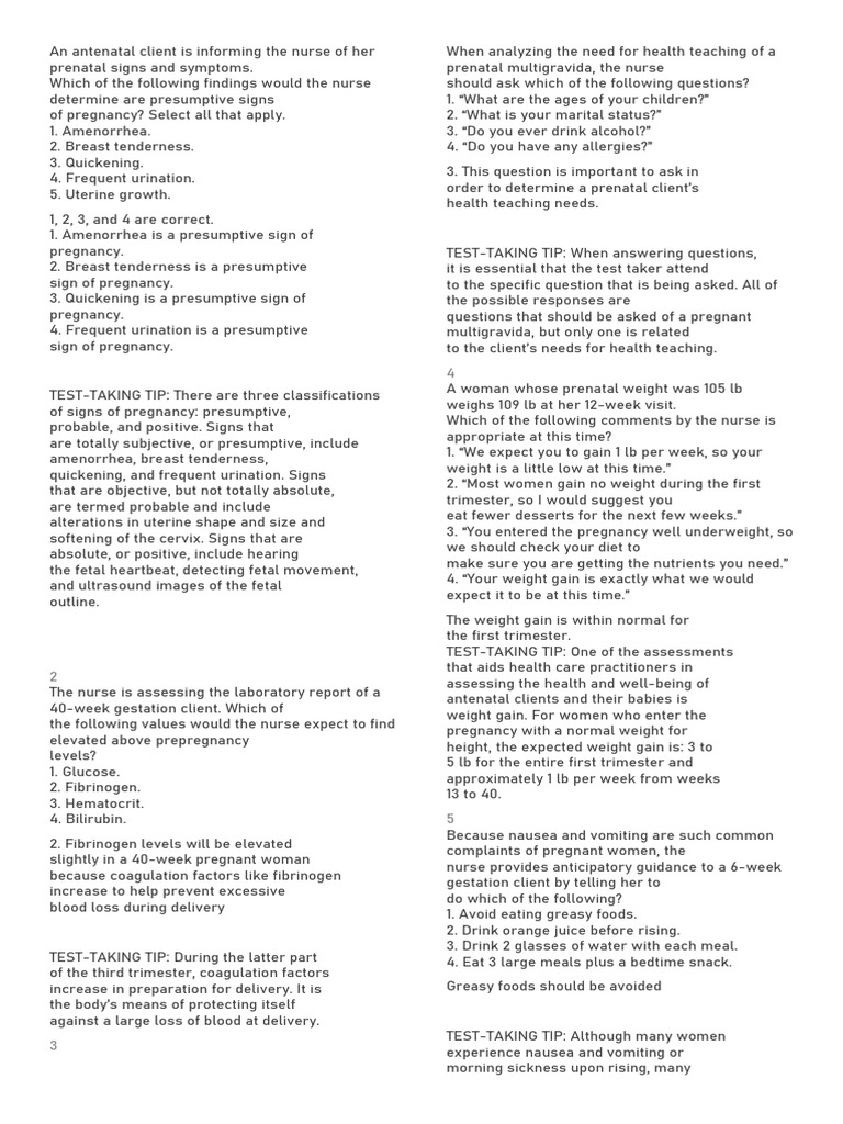 Maternal and Child Nursing - Antenatal Practice Test With Answers and ...