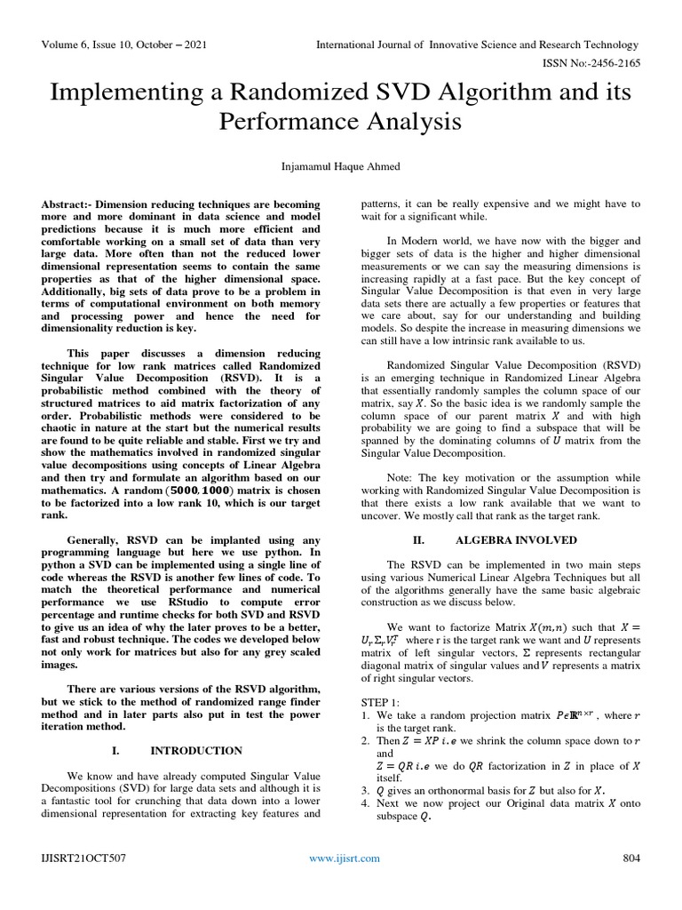 Implementing A Randomized SVD Algorithm and Its Performance Analysis | PDF | Matrix (Mathematics ...