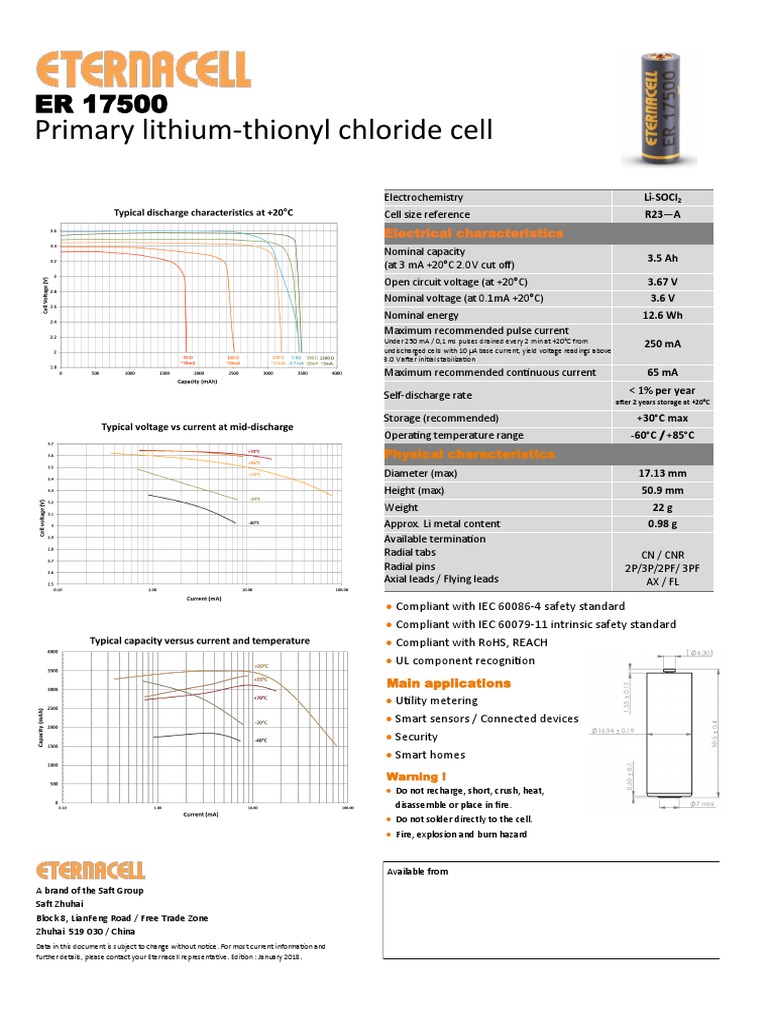 Specification Sheet for the ER 17500 Primary Lithium-Thionyl Chloride ...