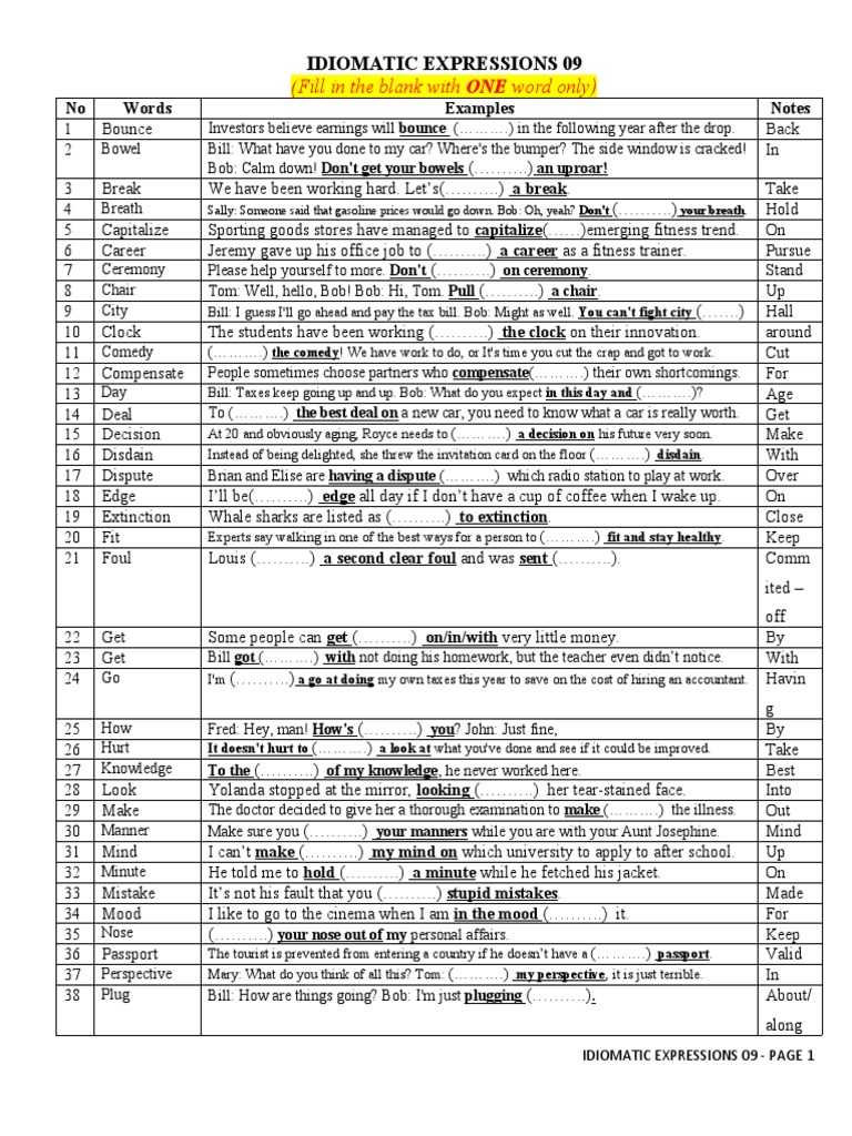 Idiomatic Expressions Fill-in-the-Blank | PDF