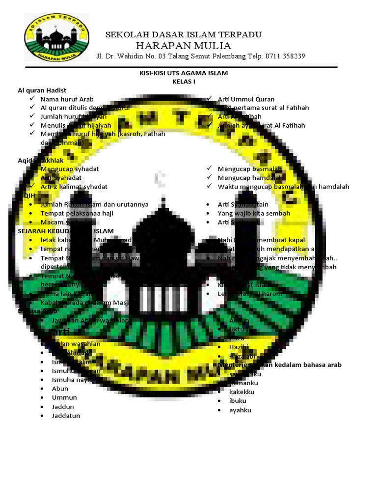 Kisi-Kisi UTS Agama Islam Kelas I | PDF