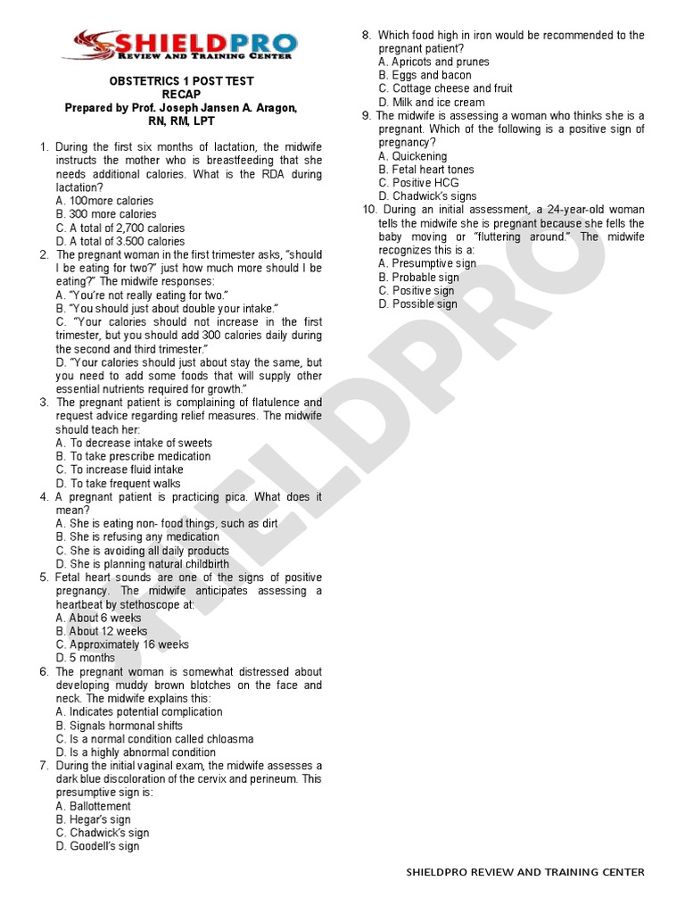 Recap Obstetrics Day 1 Post Test | PDF | Pregnancy | Midwifery
